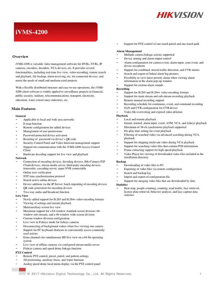 Ivms-4200 Data Sheet | PDF | Streaming Media | Network Interface Controller