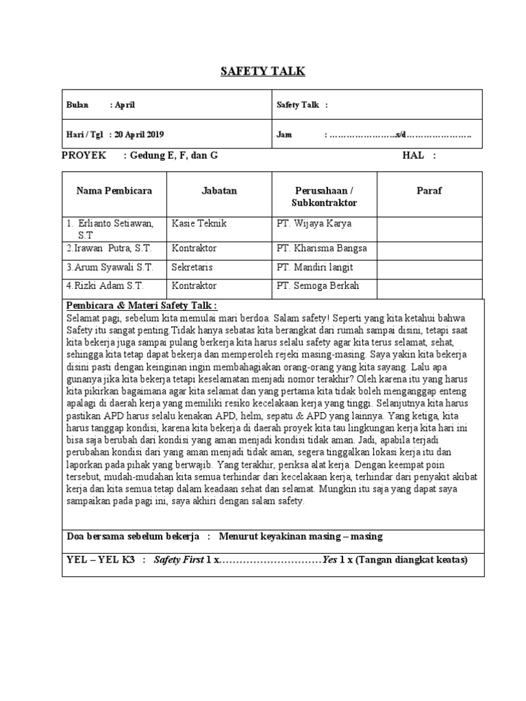 Safety Talk Safety Patrok Safety Induction | PDF