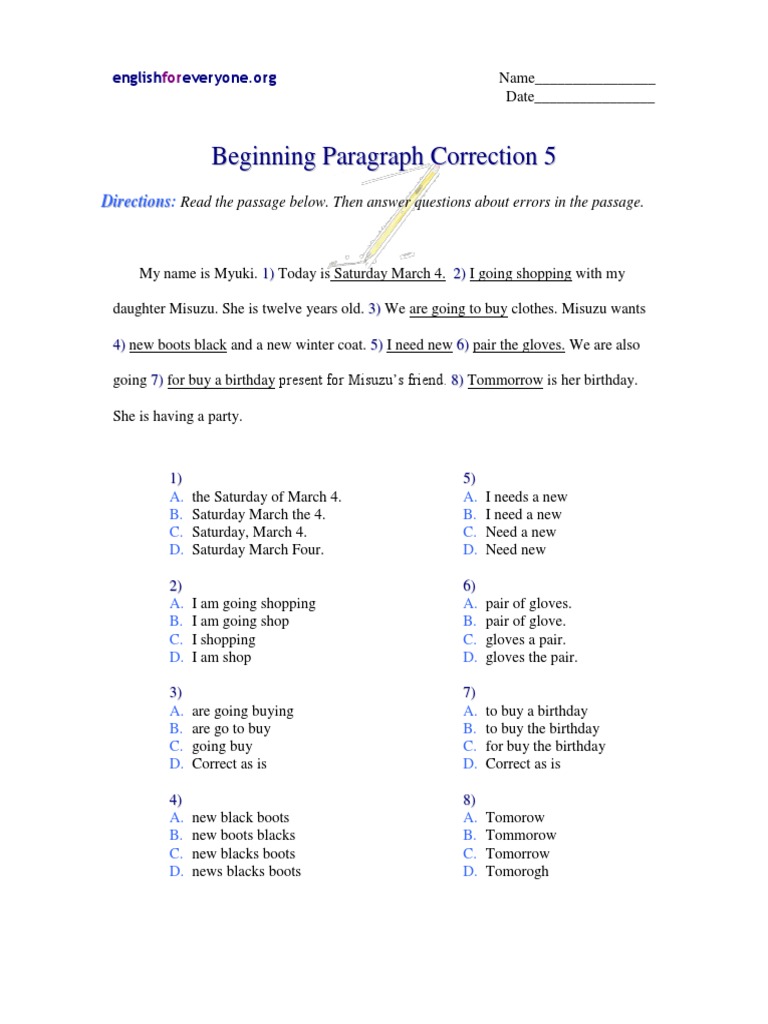 Beginning Paragraph Correction 5 | PDF | Language Arts & Discipline