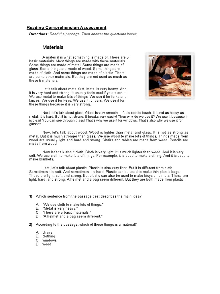 Materials: Reading Comprehension Assessment | PDF | Wood | Glasses