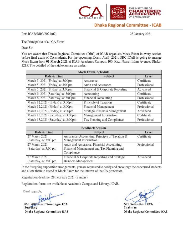 Dhaka Regional Committee - ICAB: Mock Exam. Schedule Date & Time ...