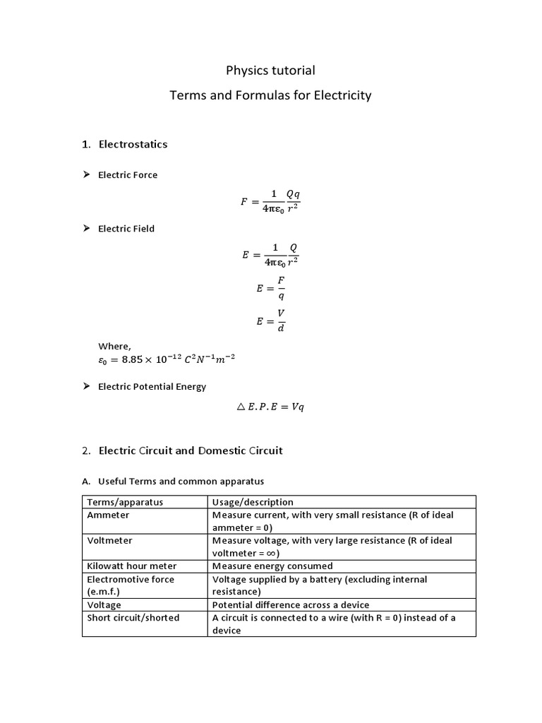 Physics Tutorial Terms and Formulas For Electricity: 1. Electrostatics ...