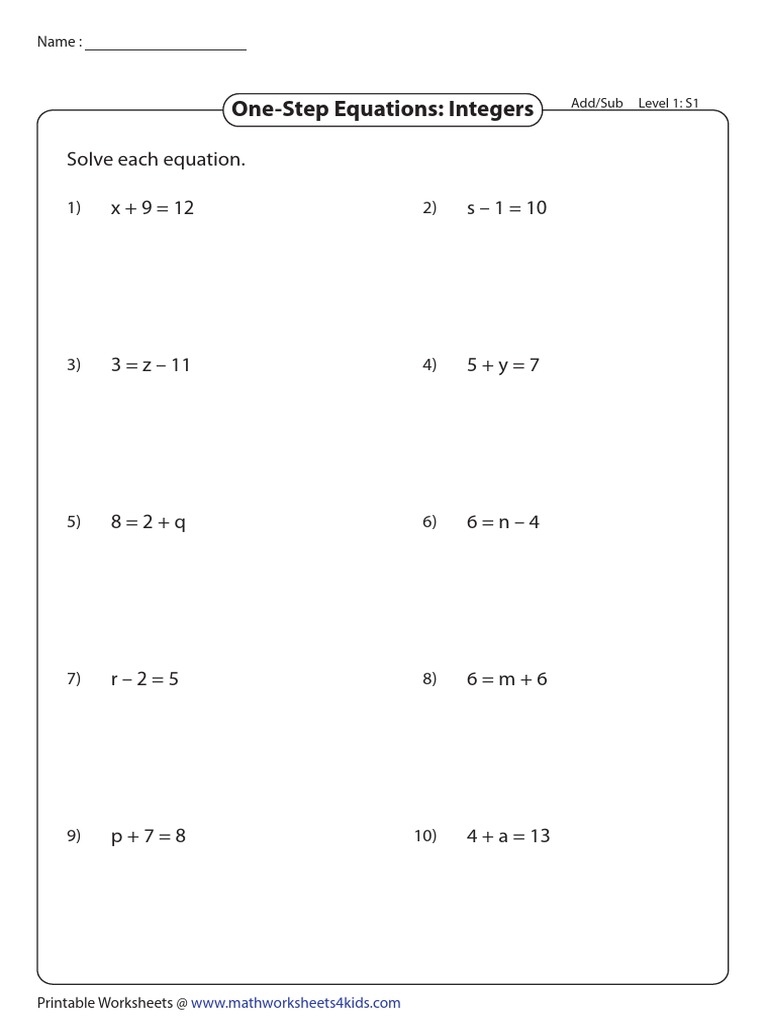 One-Step Integer Equations Worksheet | PDF