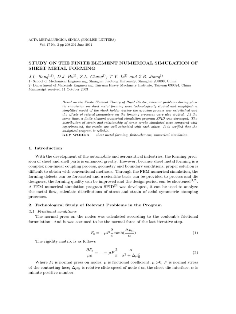 Study On The Finite Element Numerical Simulation of Sheet Metal Forming | PDF | Finite Element ...