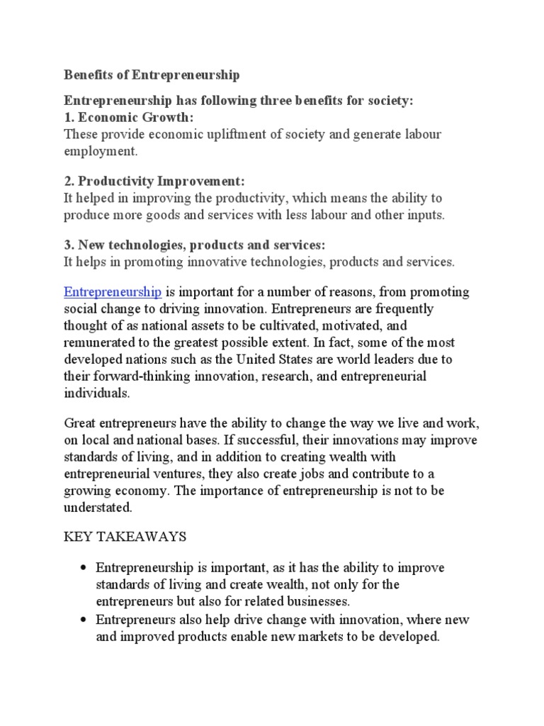 Benefits of Entrepreneurship | PDF | Entrepreneurship | Economics