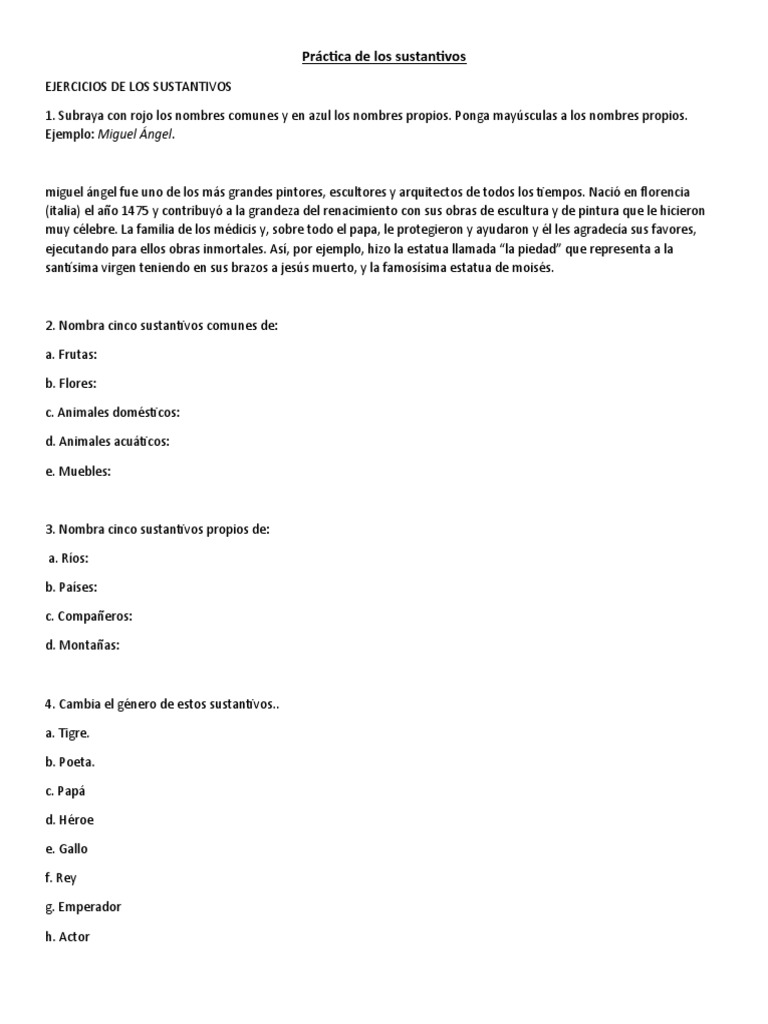 Ejercicios Prácticos de Sustantivos | PDF