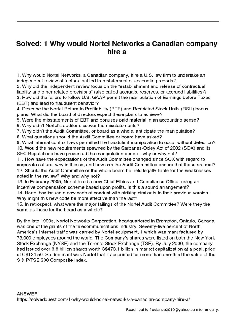 1 Why Would Nortel Networks A Canadian Company Hire A | PDF | Sarbanes ...