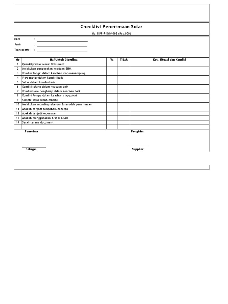 109 FORM Checklis Penerimaan Solar | PDF