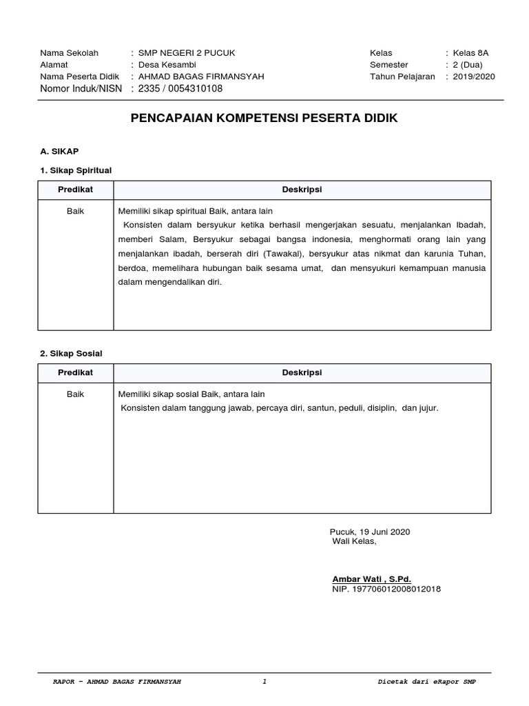Rapor - Kelas 8A - 20192 | PDF