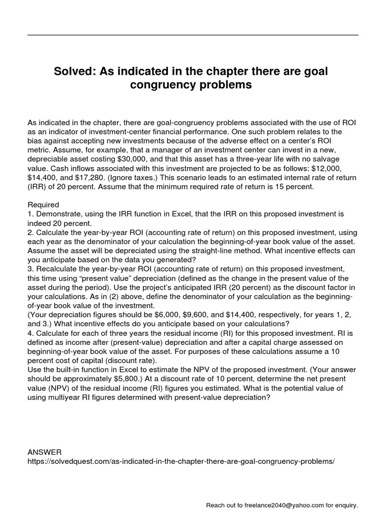As Indicated in The Chapter There Are Goal Congruency Problems | PDF ...