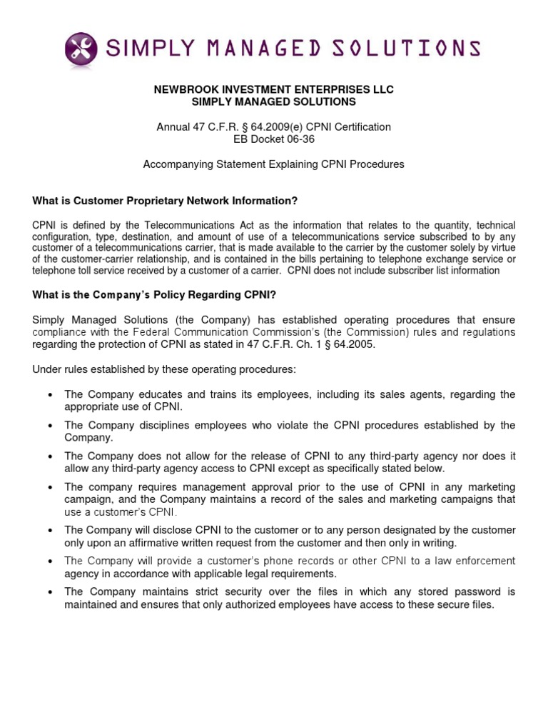 CPNI Compliance Certification Guide | PDF | Finance & Money Management