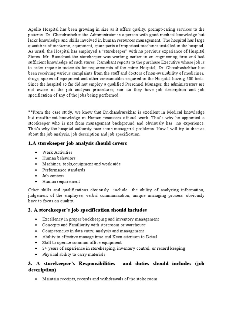 Apollo Hospital Storekeeper Job Analysis, Description and Specification ...