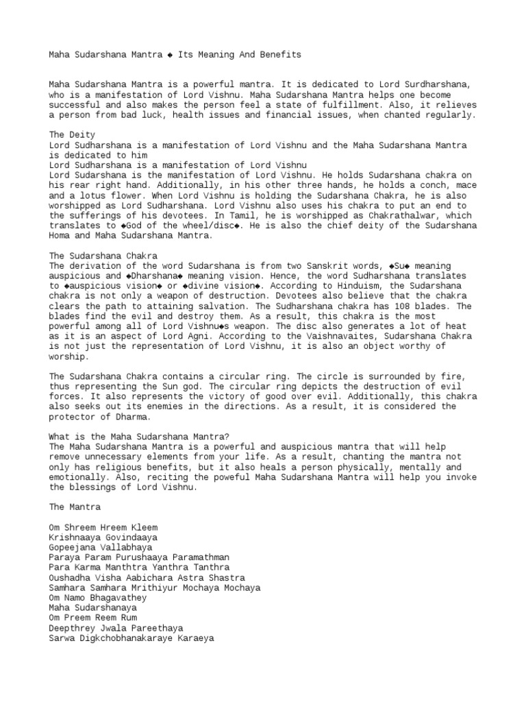 Maha Sudarshana Mantra - Its Meaning and Benefits | PDF | Hindu Mythology | Hindu Literature