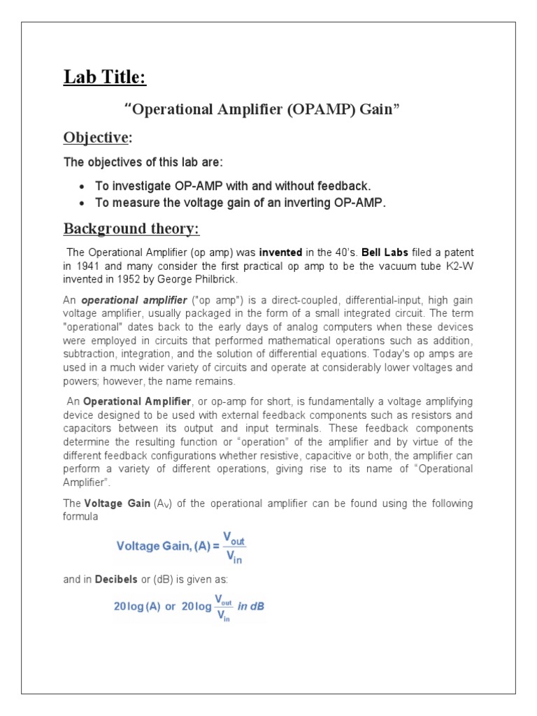 OPAMP Lab Report | PDF | Operational Amplifier | Amplifier