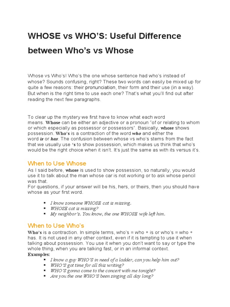 WHOSE Vs WHO's Useful Difference Between Who's Vs Whose | PDF | Word | Syntax