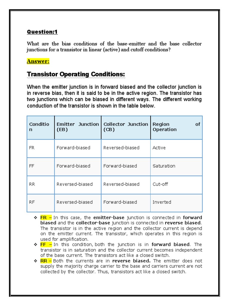 Transistor Operating Conditions:: Answer | PDF