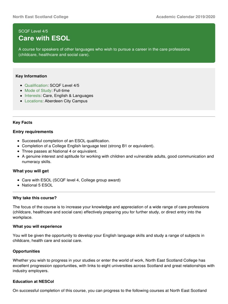 Nescol Care With Esol Course Brochure | PDF | Tutor | Child Care