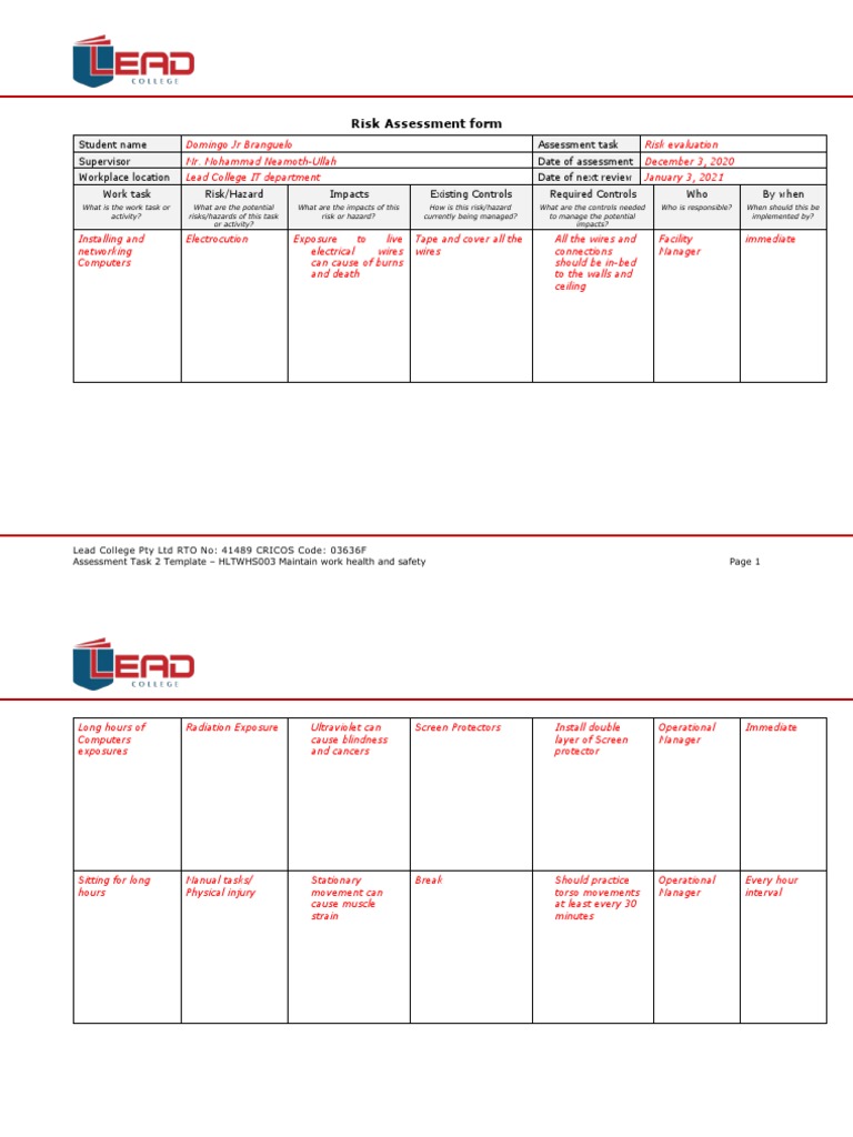 Assestment 2 Risk Assessment Form | Download Free PDF | Risk ...