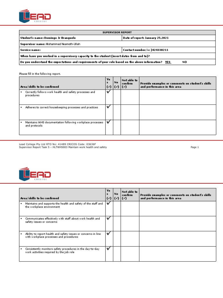Assestment 5 SUPERVISOR REPORT Template | PDF | Occupational Safety And ...