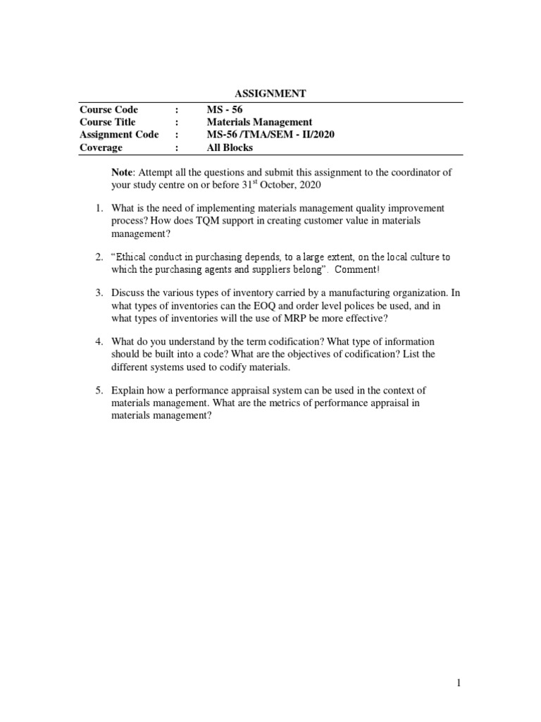Assignment Course Code Ms 56 Course Title Materials Management 9653