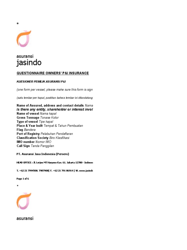 Application Form P&I Insurance | PDF | Business