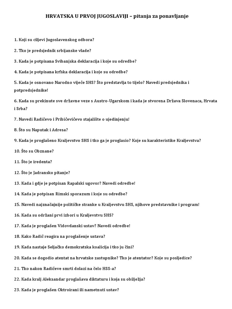 Hrvatska U Prvoj Jugoslaviji, Pitanja Za Ponavljanje | PDF