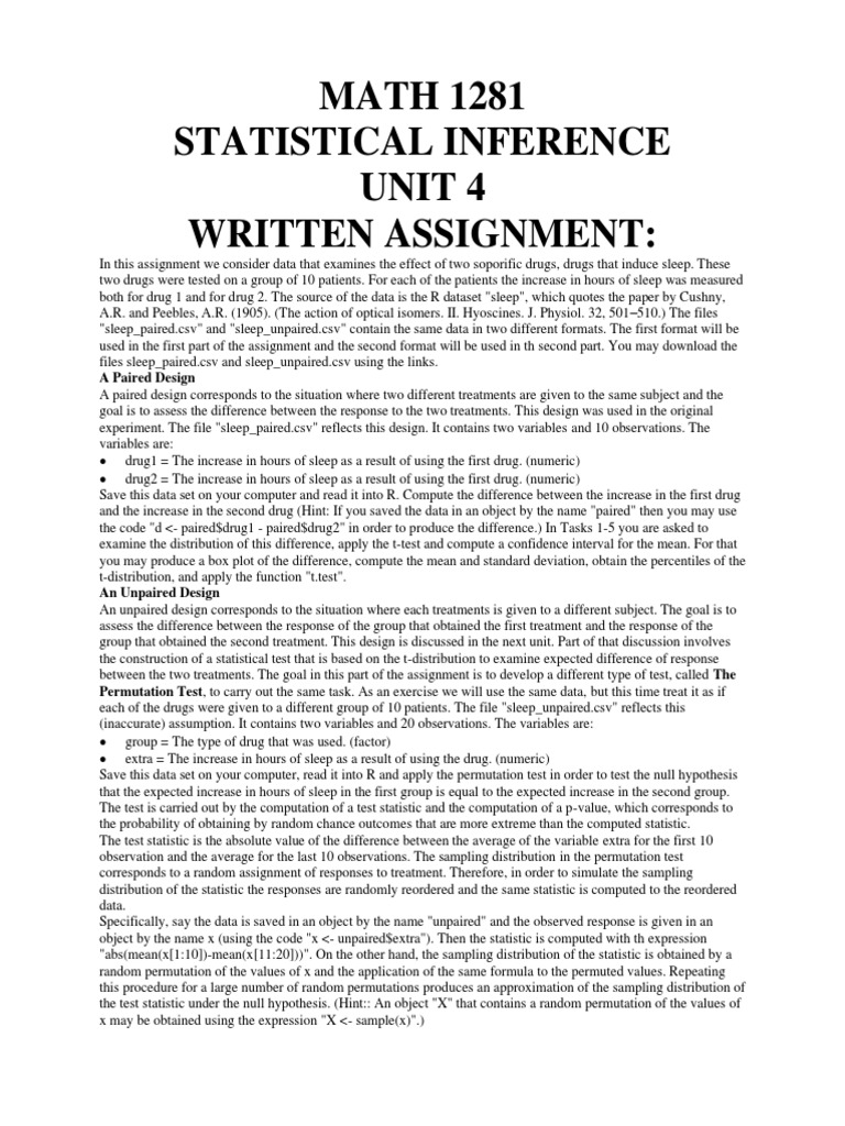 MATH 1281 Statistical Inference Unit 4 Written Assignment:: A Paired Design | PDF | P Value ...