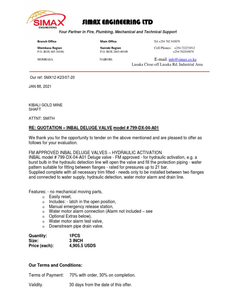 Inbal Deluge Valve Quote | PDF | Technology & Engineering