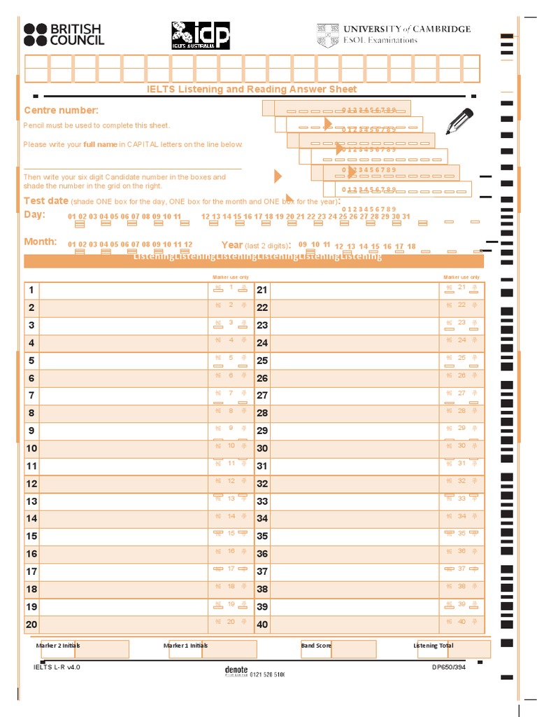 IELTS Listening and Reading Answer Sheet | PDF | International English ...