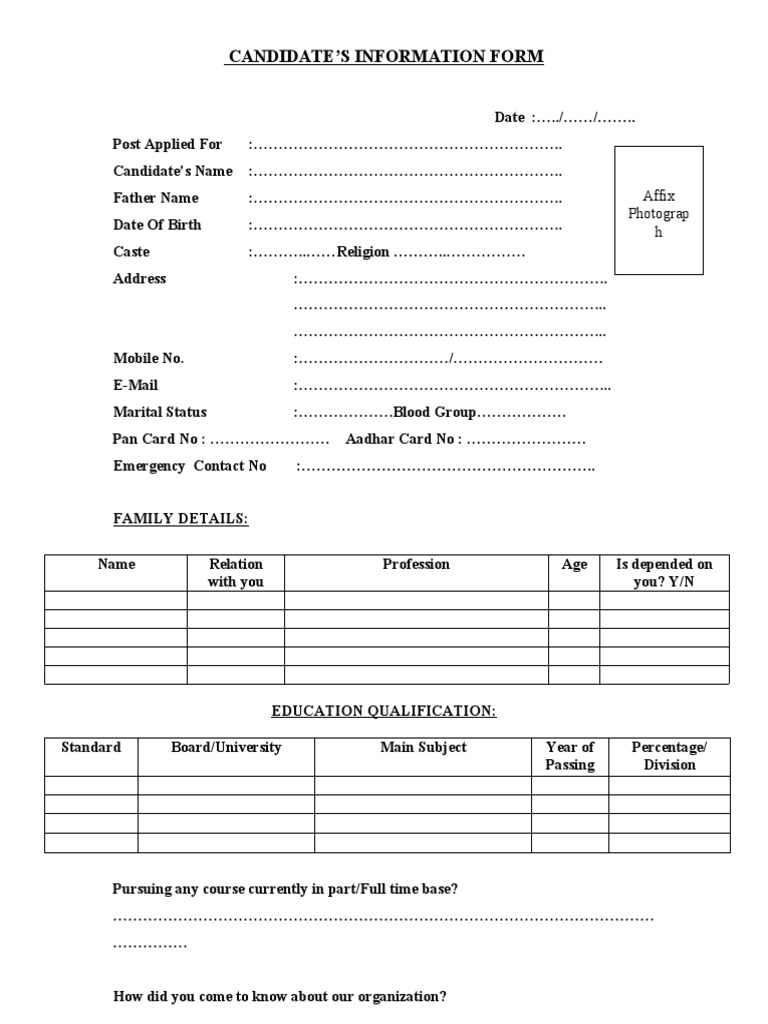 Candidate Details Form | PDF | Employment | Business