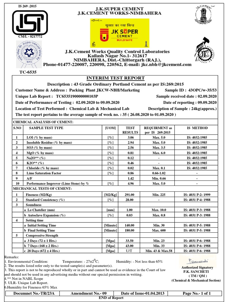 JK 43 Opc Test Certificate | Download Free PDF | Materials | Building ...