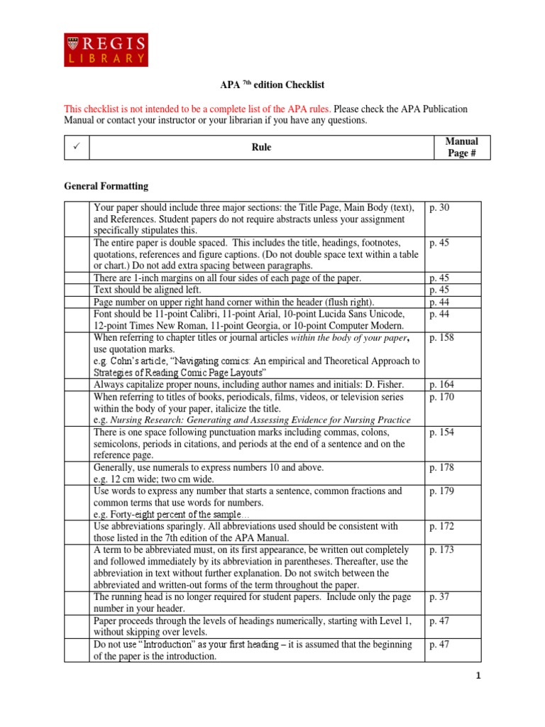 This Checklist Is Not Intended To Be A Complete List of The APA Rules ...