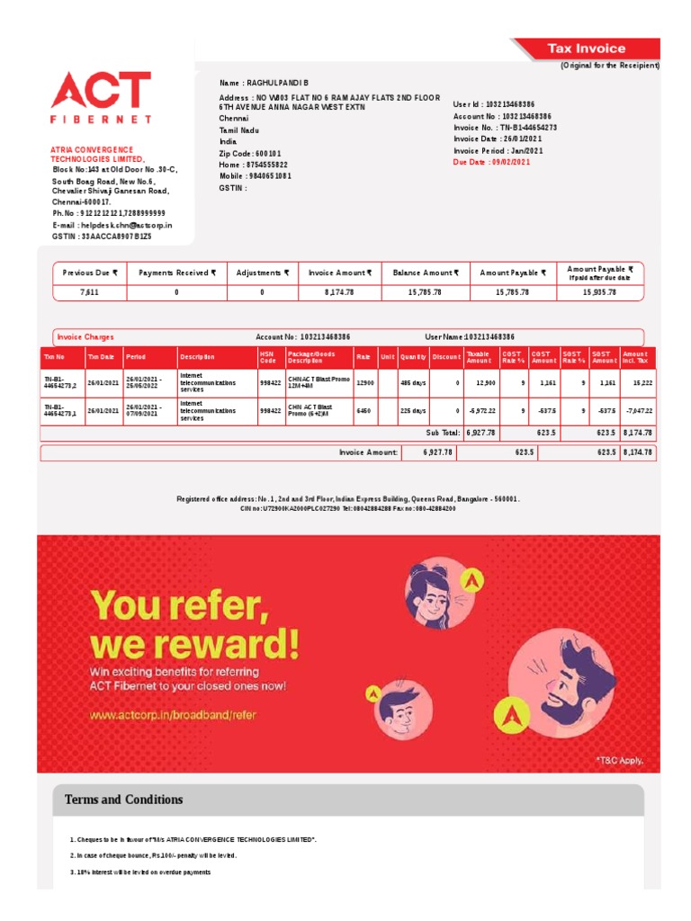 ACT Internet Bill Details for Raghulpani B | PDF | Cheque | Invoice