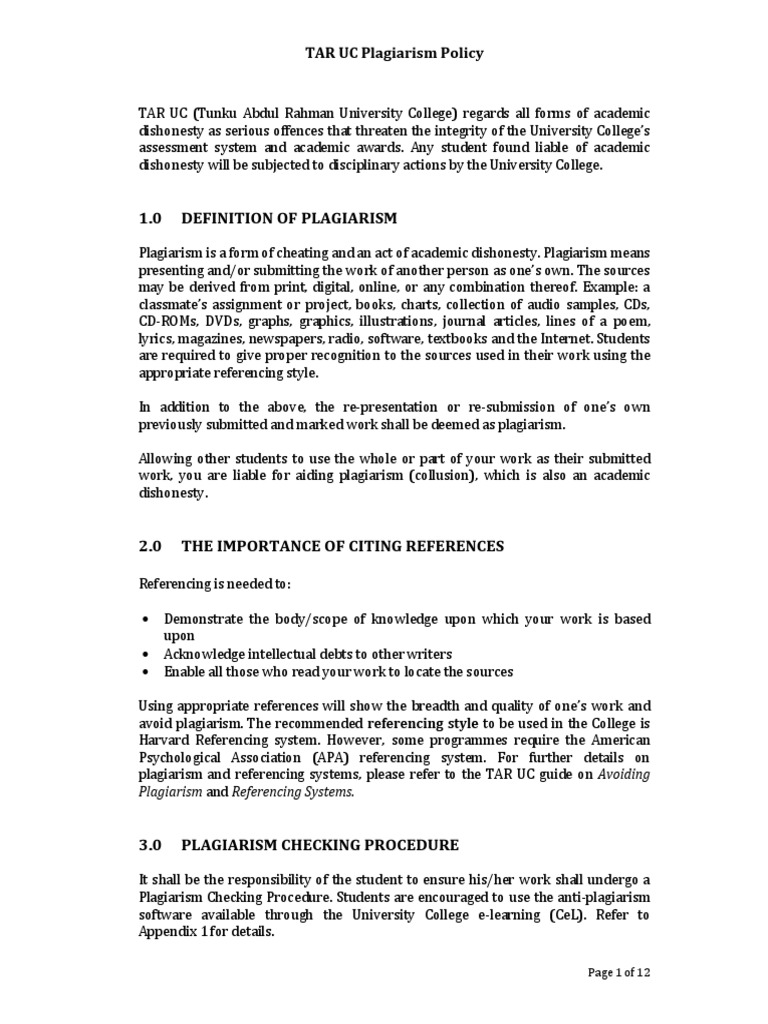 TAR UC Plagiarism Policy Overview | PDF | Plagiarism | Average