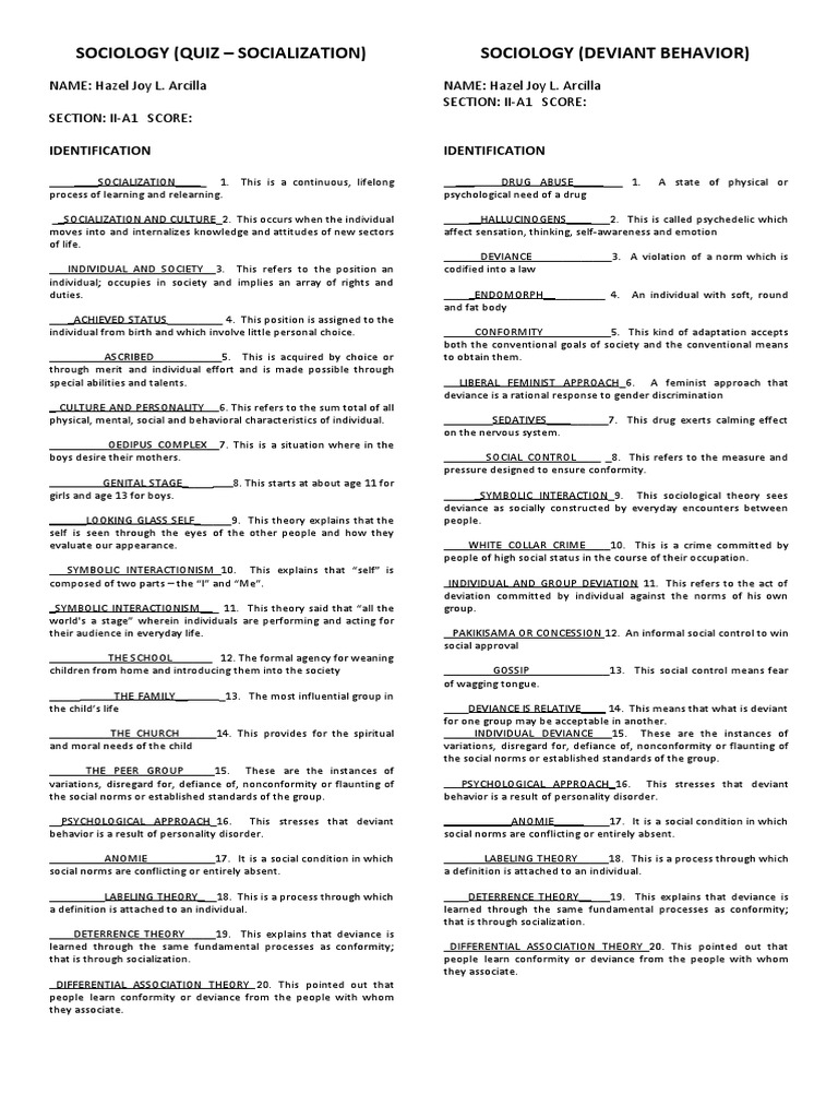 Sociology Quiz for Students | PDF | Deviance (Sociology) | Socialization