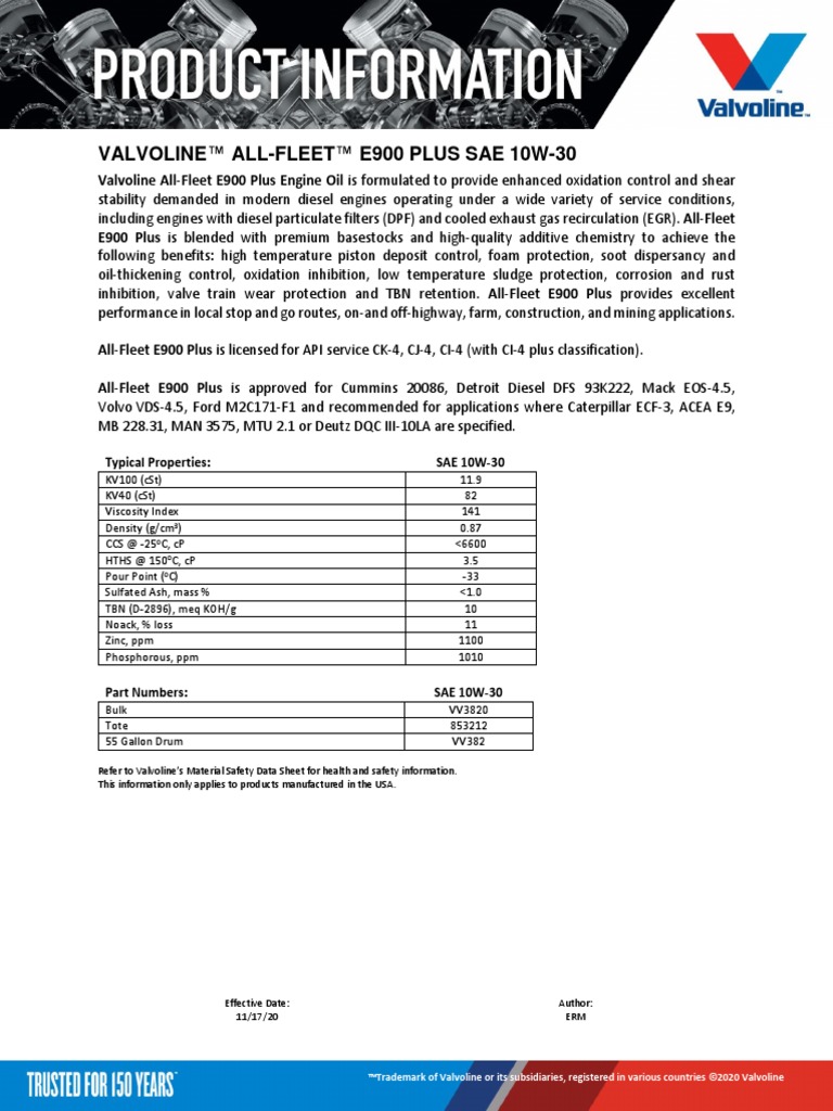 Valvoline ™ ALL-FLEET™ E900 PLUS SAE 10W-30 | Download Free PDF | Motor Oil | Chemistry