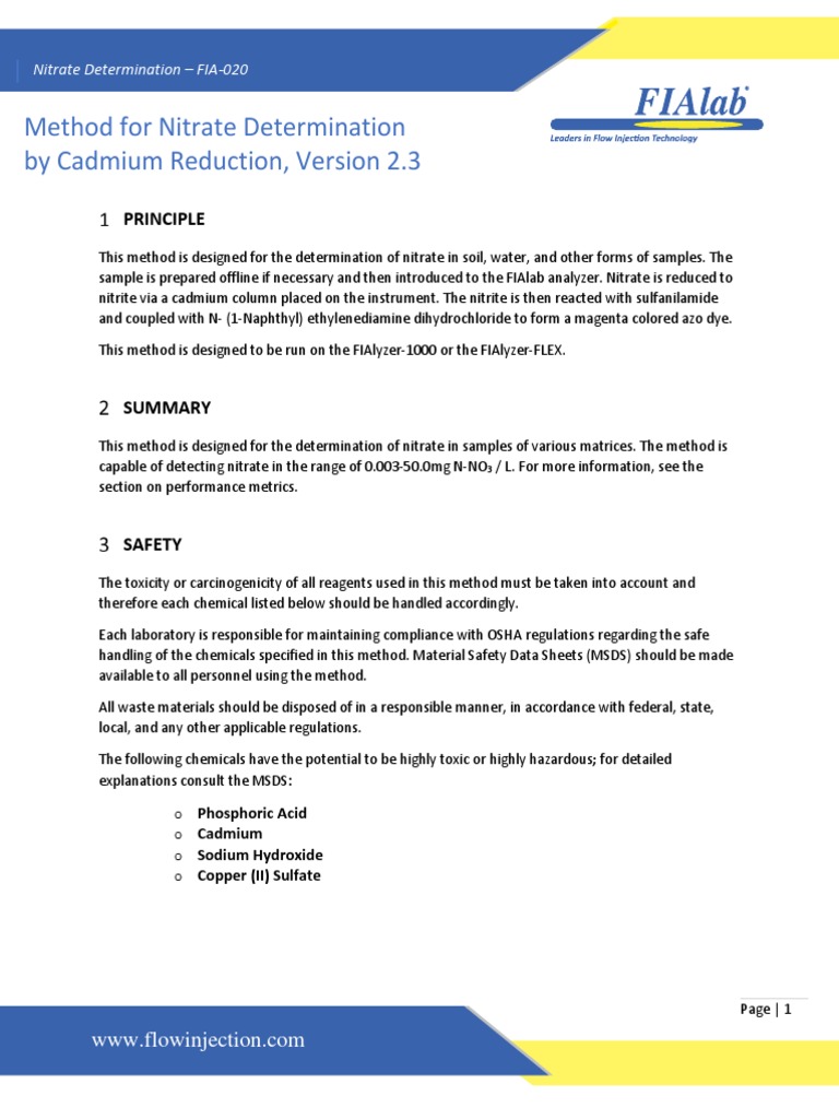 Method For Nitrate Determination By Cadmium Reduction Version 2 3 Download Free Pdf Nitrate