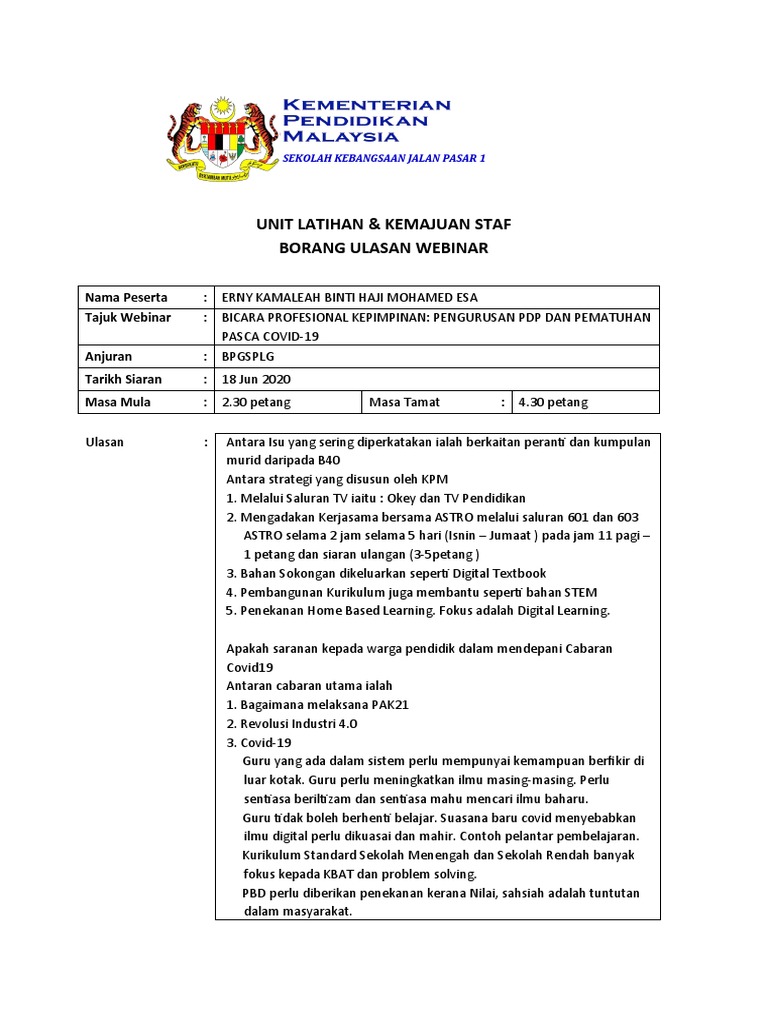 Borang Ulasan Webinar 2020 | PDF