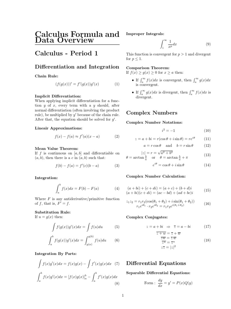 Calculus Formulas and Concepts for Differentiation, Integration, and ...