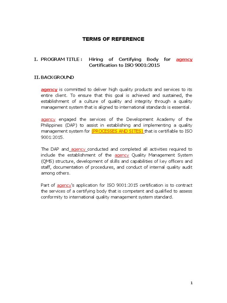 Sample TOR For CB | PDF | Iso 9000 | Quality Management System