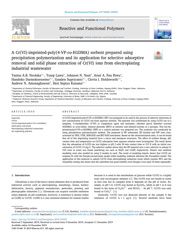 A CR (VI) - Imprinted-Poly (4-VP-co-EGDMA) Sorbent Prepared Using ...