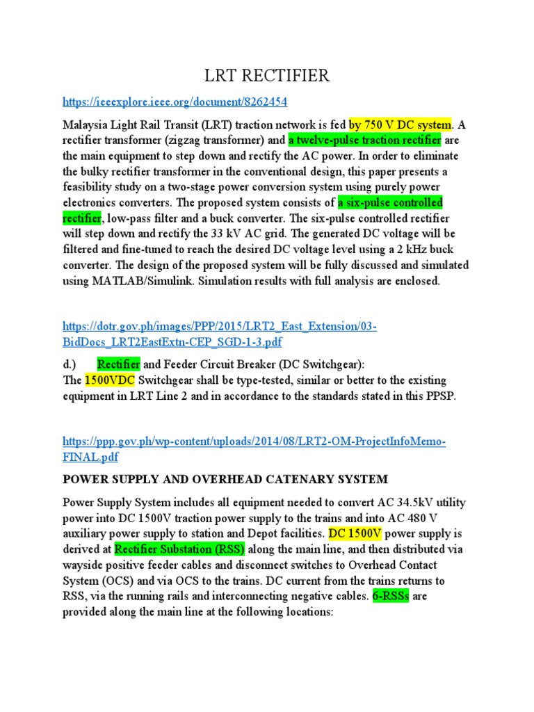 LRT Rectifier: Power Supply and Overhead Catenary System | PDF ...