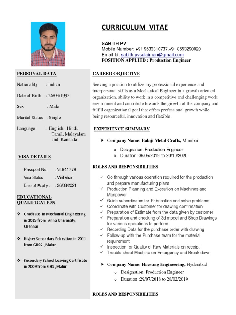 Curriculum Vitae: Sabith PV | PDF | Numerical Control | Engineer