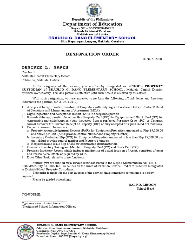 Designation Order - Property Custodian | PDF | Receipt | Economies