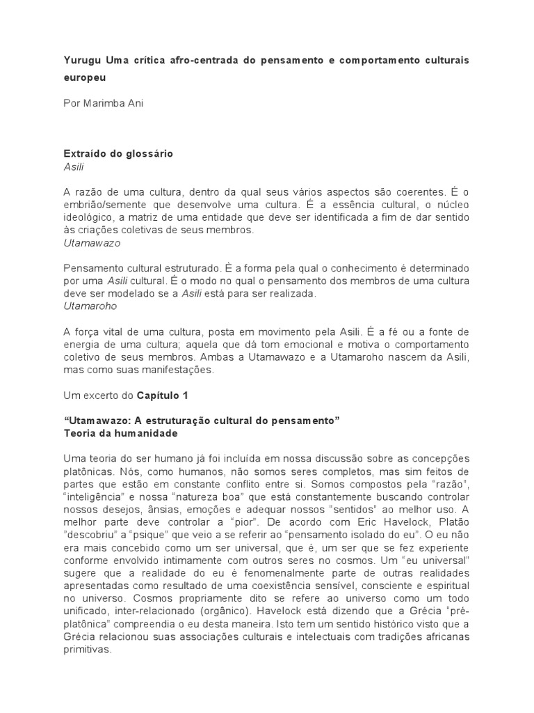 Yurugu Uma Crítica Afrocentrada Do Pensamento e Comportamento Cultural ...
