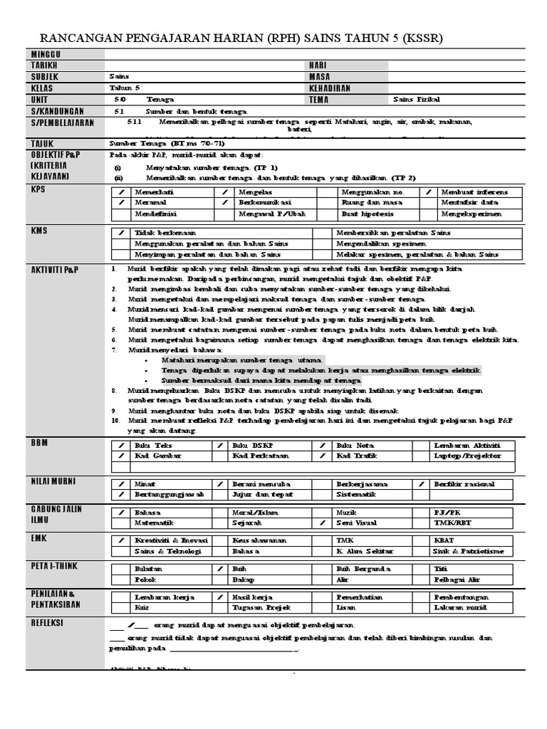 Rancangan Pengajaran Harian (RPH) Sains Tahun 5 (KSSR) | PDF