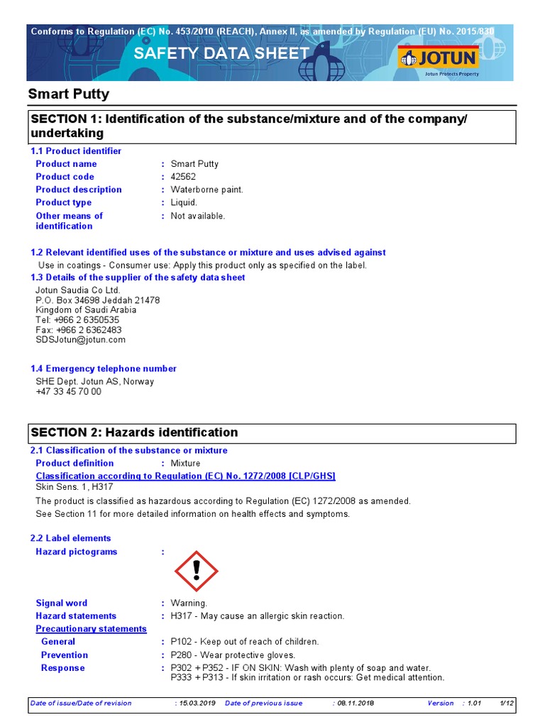 Safety Data Sheet: Smart Putty | PDF | Toxicity | Firefighting