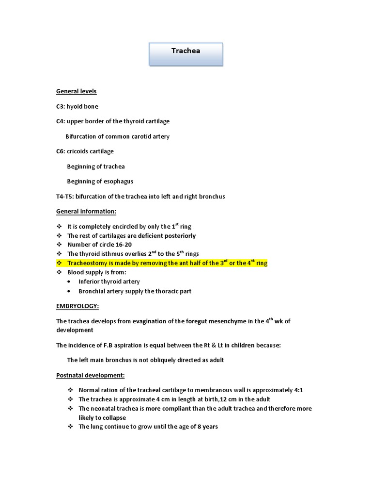 Trachea: General Levels C3: Hyoid Bone C4: Upper Border of The Thyroid ...