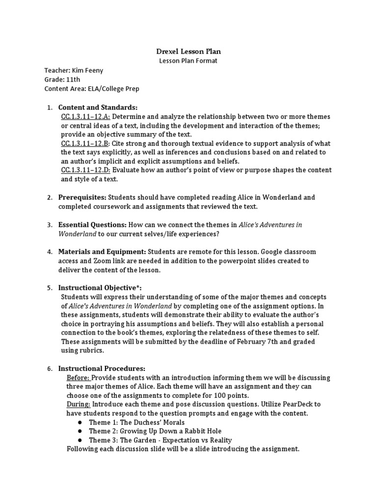 Alice in Wonderland Themes Lesson Plan | PDF | Lesson Plan | Education ...