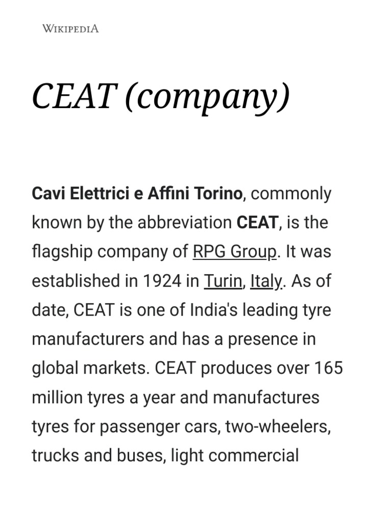CEAT (Company) - Wikipedia | PDF | Vehicle Technology | Vehicles